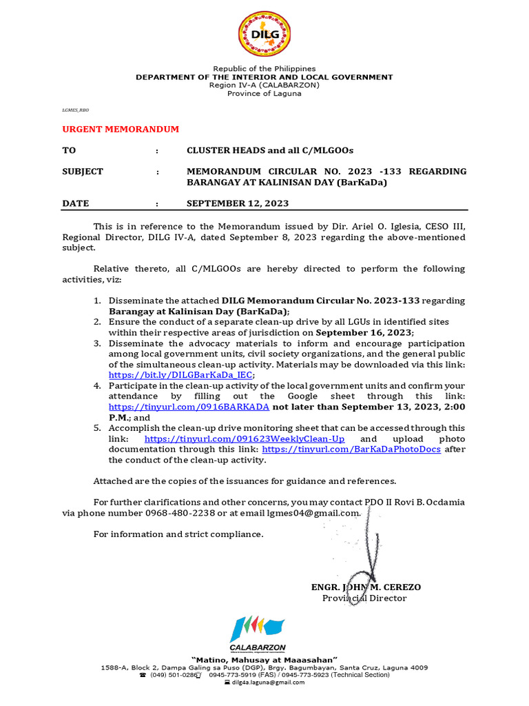 Memorandum Memorandum Circular No. 2023 133 Regarding Barangay at Kalinisan Day BarKaDa | PDF ...