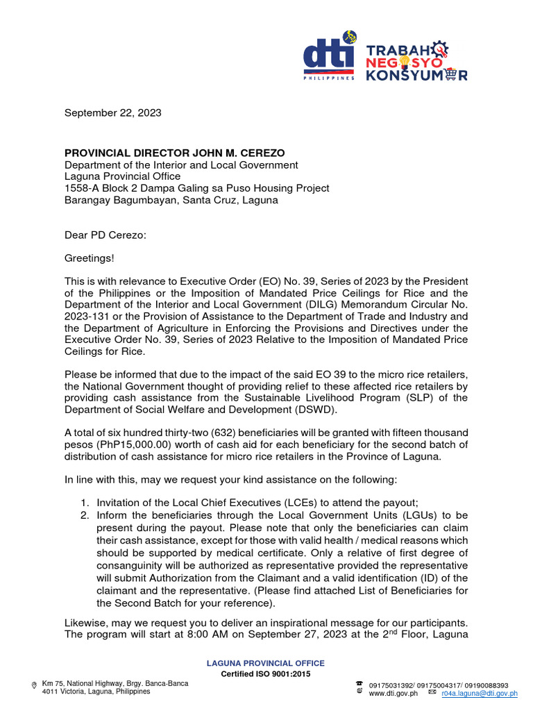 Letter-to-DILG-for-the-2nd-Batch-Payout | PDF | Economies