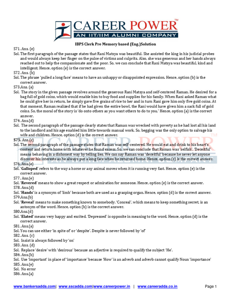 IBPS Clerk Pre Memory Based Eng. Solution | PDF IBPS Clerk Pre Memory Based Eng. Solution | PDF