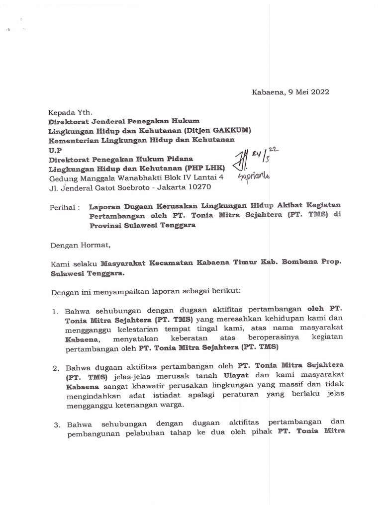 Tanda Terima Laporan Dugaan Kerusakan Lingkungan Hidup - Kabaena PT TMS ...