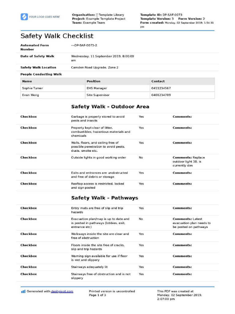 2019 09 02 Example Template Project Safety Walk Checklist 2 Page 001 | PDF