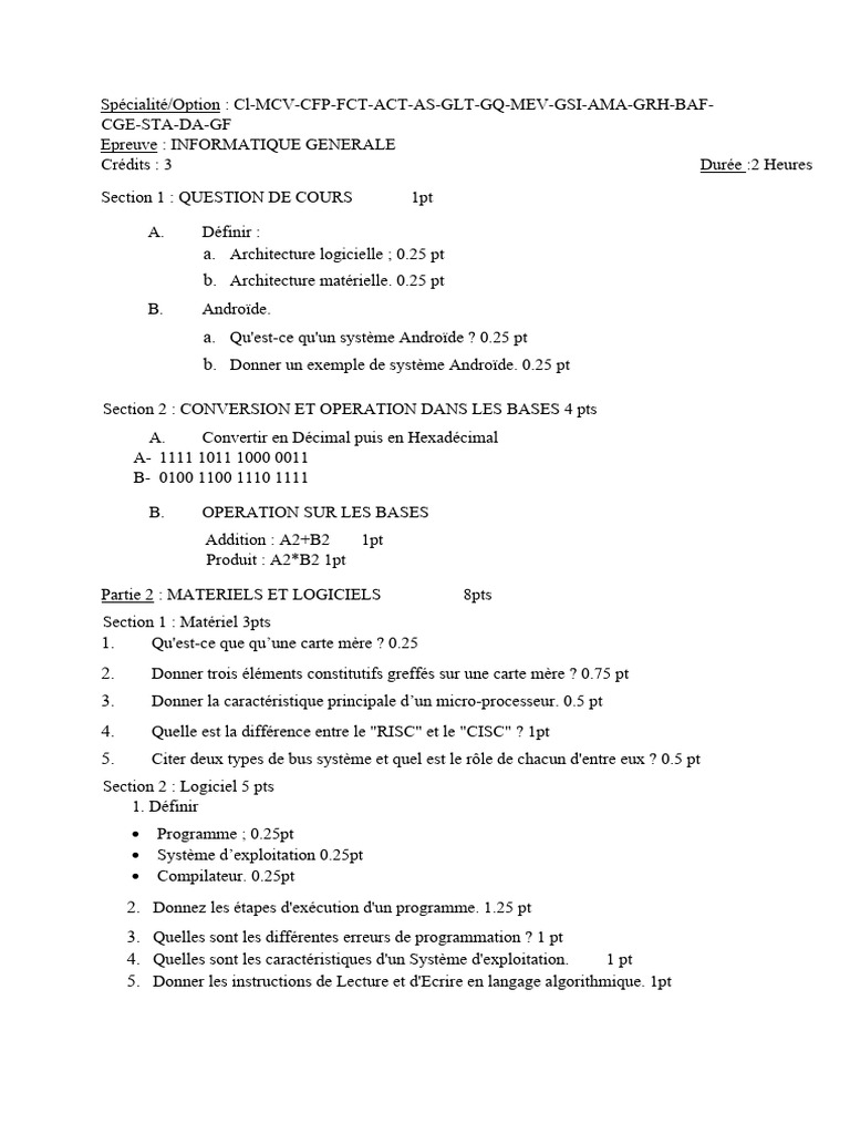 Questions d'examen en informatique générale | PDF | Méthodes et ...