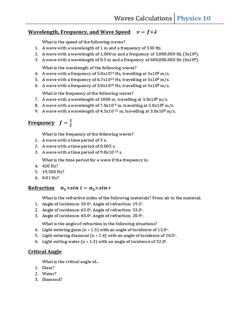 Wave Calculations Practice | PDF | Frequency | Refraction