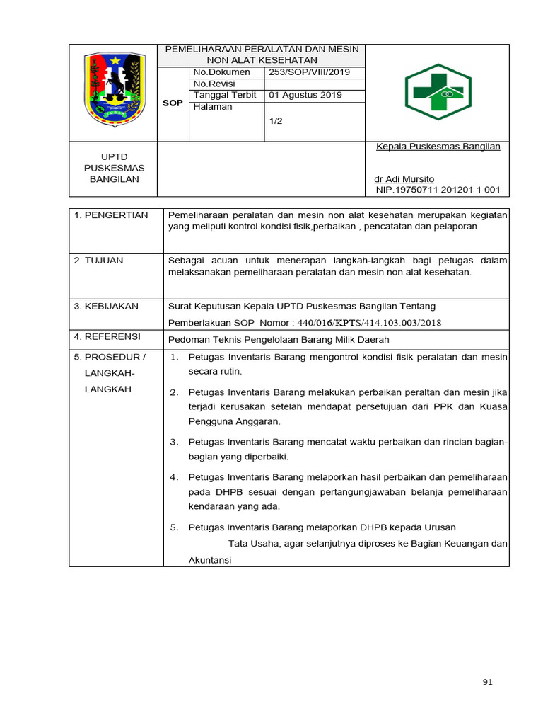 Sop Pemeliharaan Peralatan Dan Mesin Non Alat Kesehatan | PDF