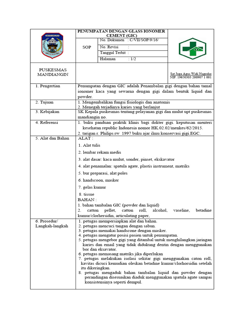 SOP PENUMPATAN GIGI GIC | PDF