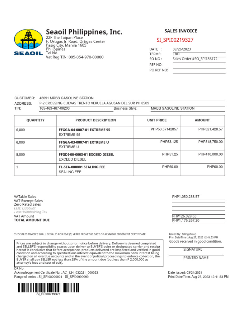 Sales Invoice for MRBB Gasoline Station | PDF | Invoice | Value Added Tax