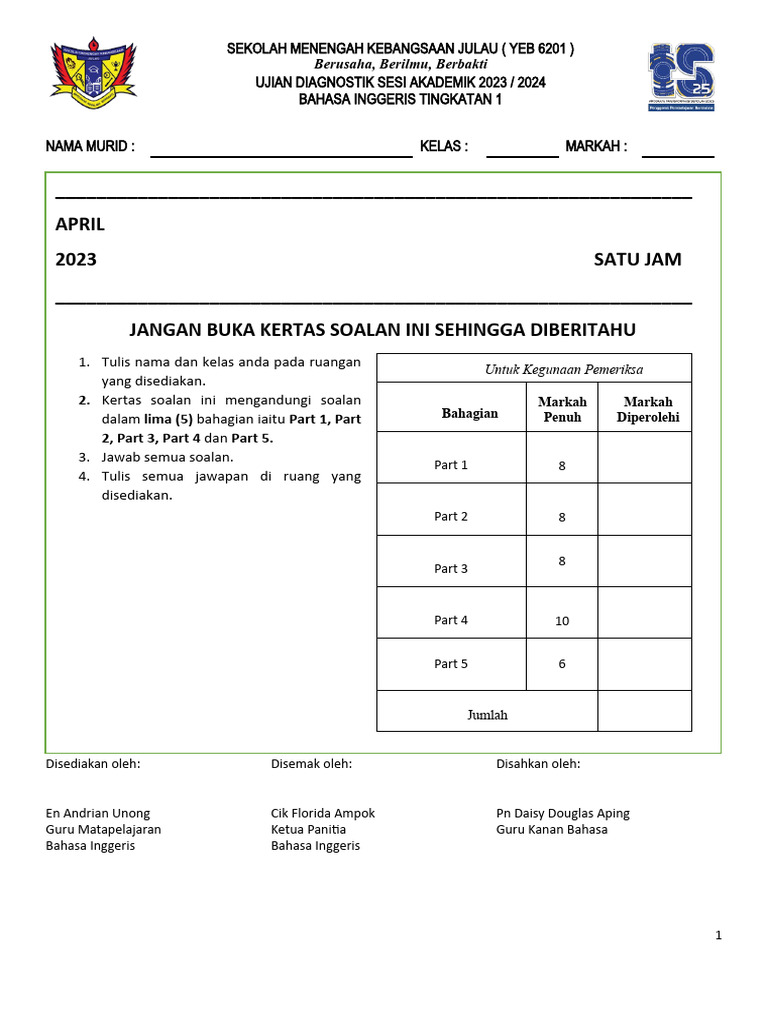 Format Muka Depan Kertas Soalan TS25 2023 | PDF