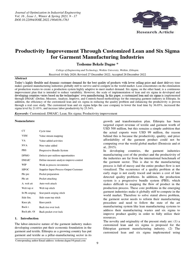 Productivity Improvement Through Customized Lean and Six Sigma For Garment Manufacturing ...