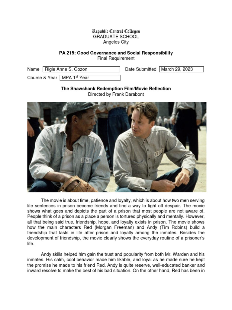 RIGIE ANNE GOZON - The Shawshank Redemption - Film - Movie Reflection | PDF