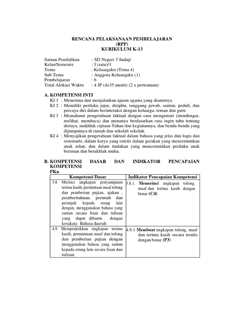 Rencana Pelaksanaan Pembelajaran (RPP) Kurikulum K-13 | PDF
