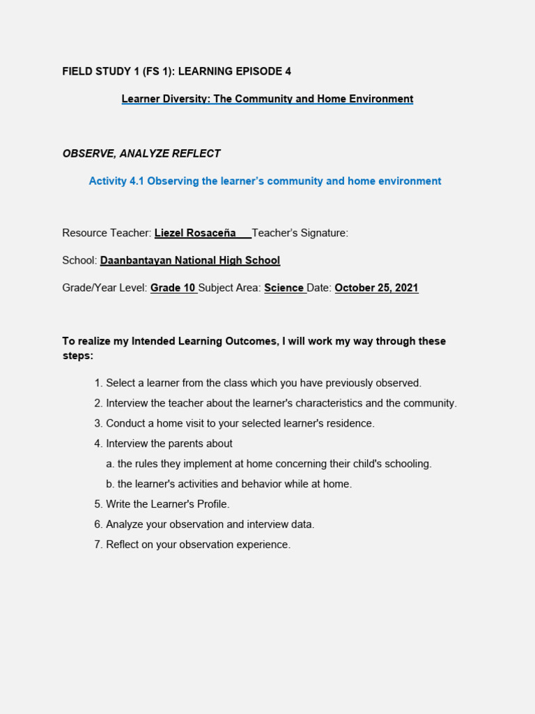 Field Study 1 - Learning Episode 4 | PDF | Learning | Teachers