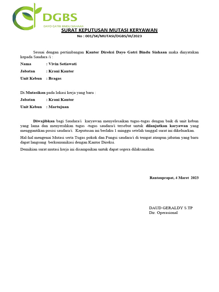 Surat Keputusan Mutasi Karyawan | PDF