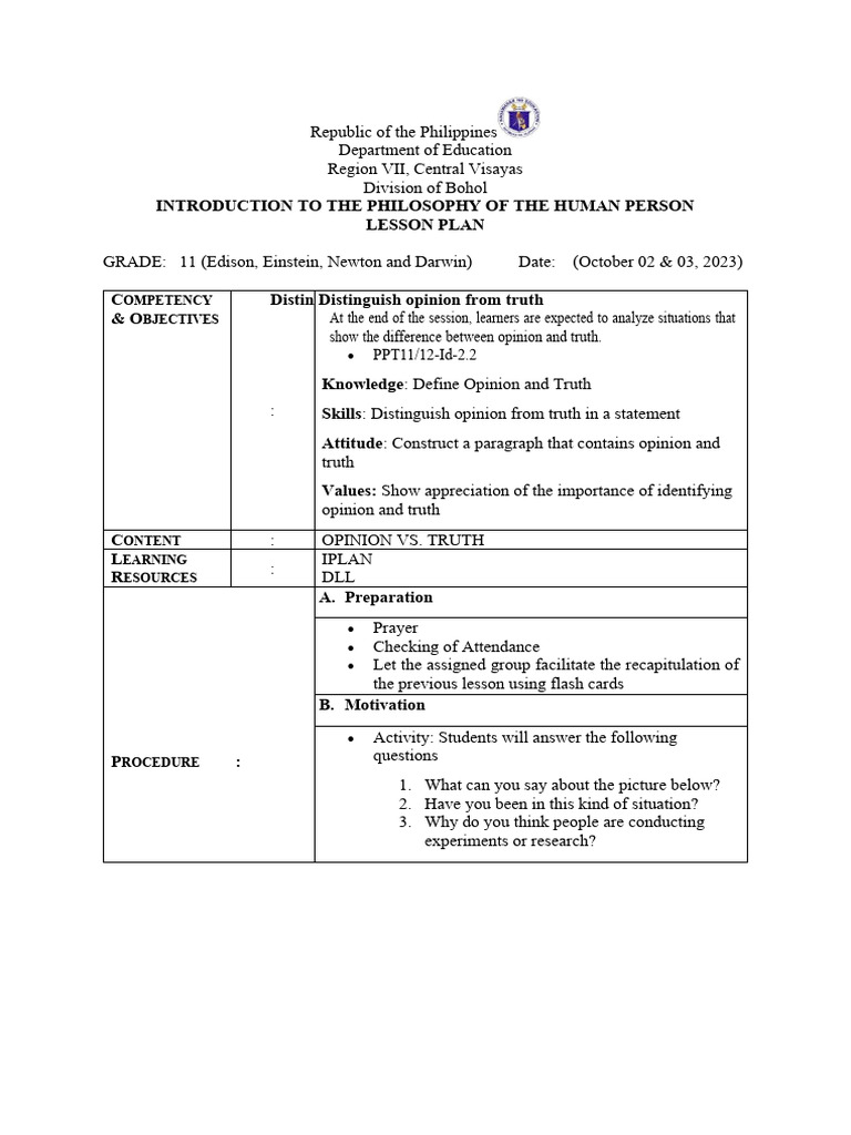 Philosophy Lesson Plan (Truth Vs Opinion) | PDF | Self-Improvement ...