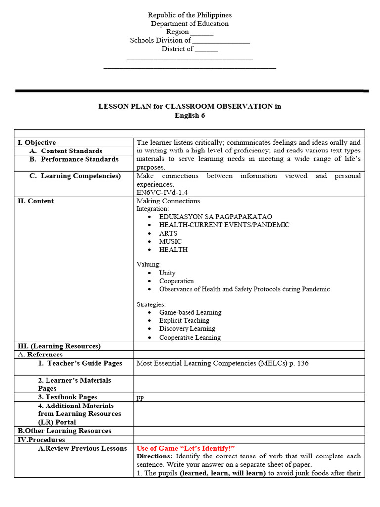 DLP ENG6 Making Connections | PDF | Learning | Experience