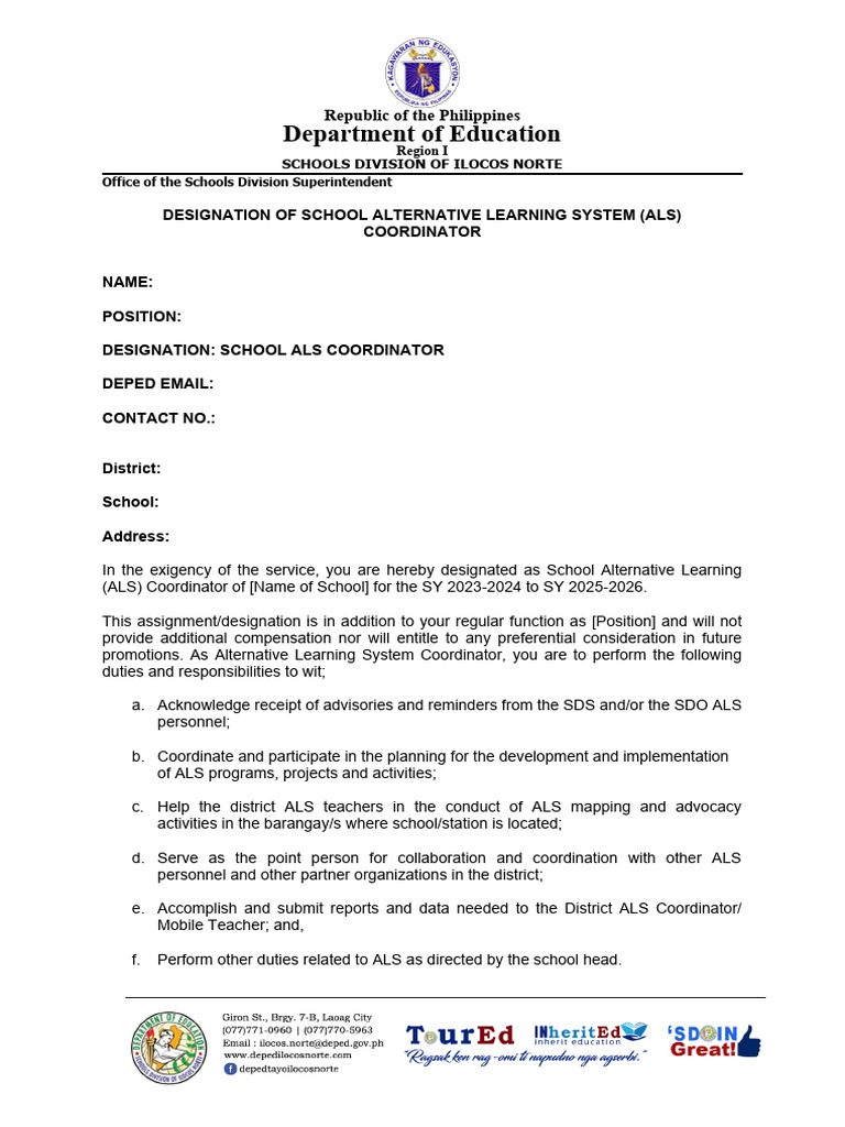 Designation Template School Als Coordinator | PDF