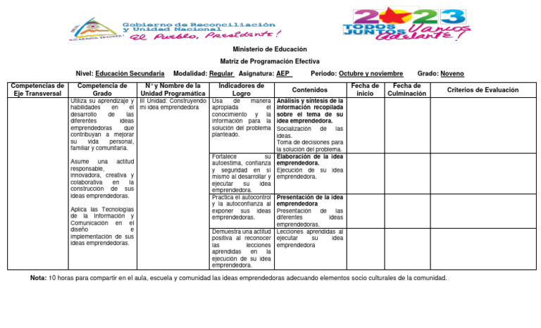 Matriz de Programación Efectiva - AEP - NOVENO GRADO | Descargar gratis ...