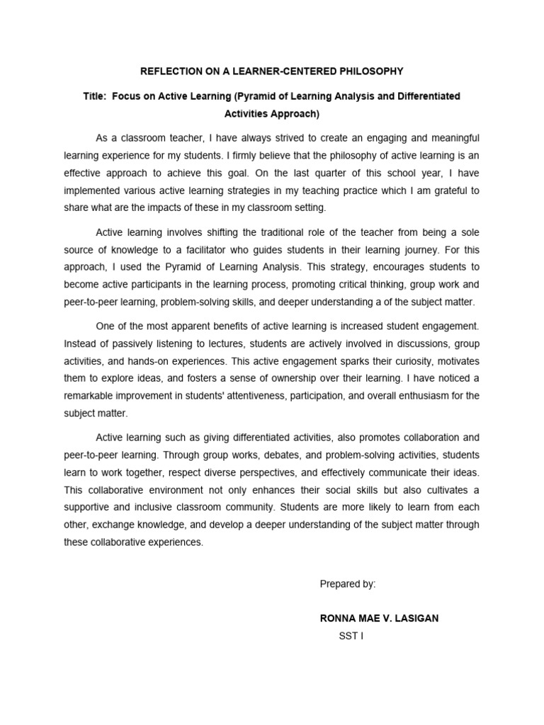 Reflection On A Learner Centered | PDF | Learning | Lesson Plan