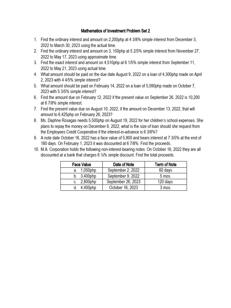 Investment Mathematics Problem Set 2 | PDF | Finance & Money Management