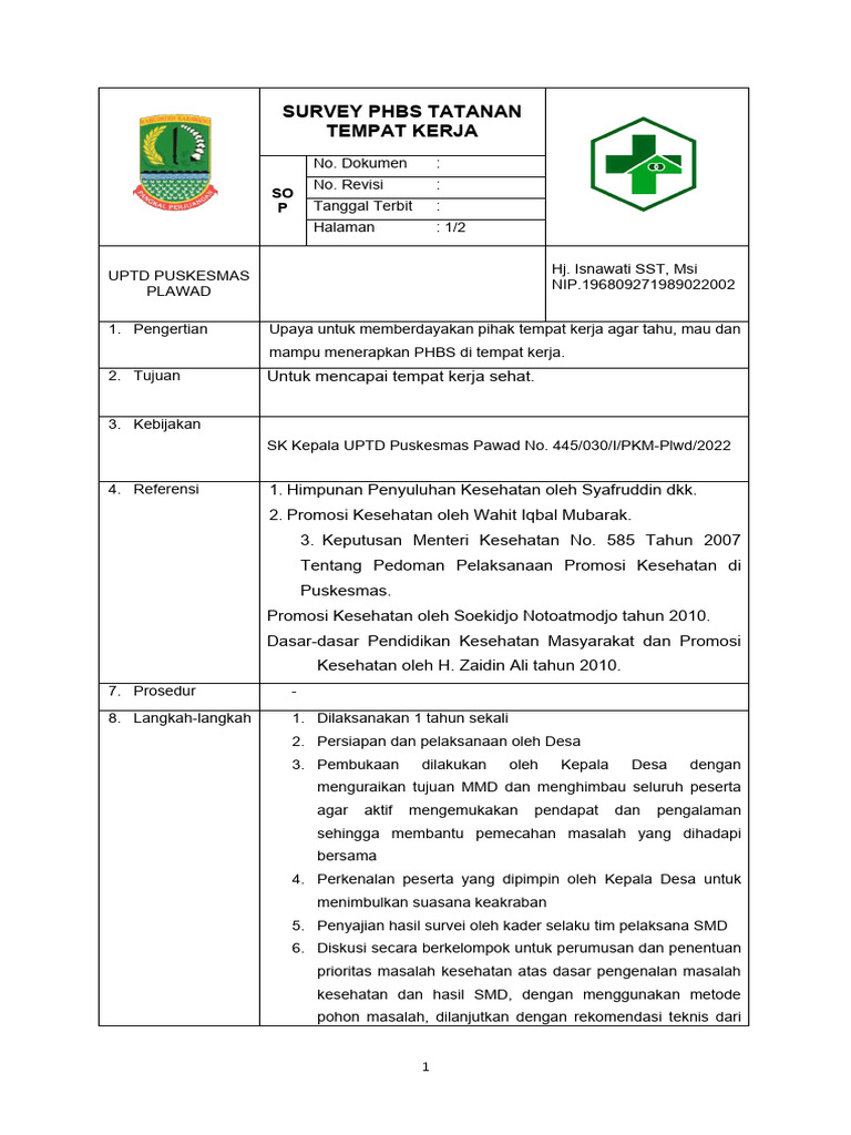 Sop Survey Phbs Tatanan Tempat Kerja | PDF