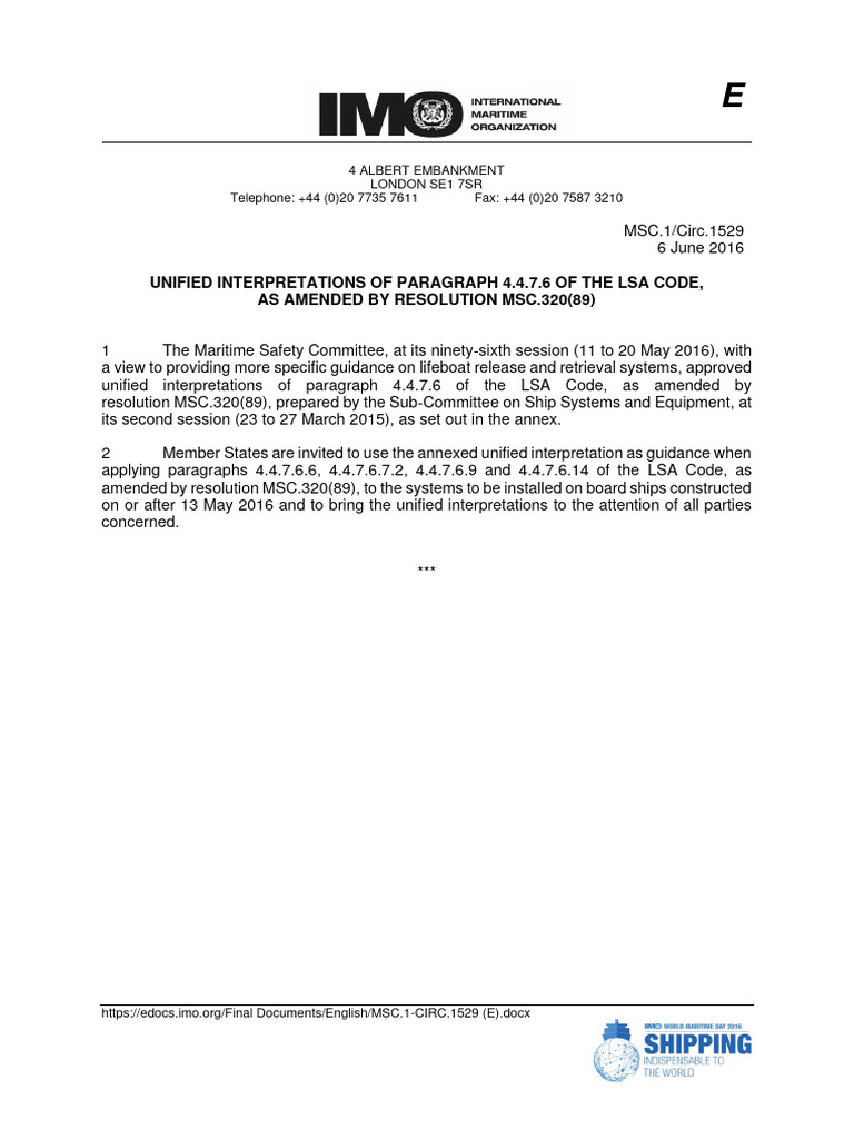 MSC.1-Circ.1529 - Unified Interpretations of Paragraph 4.4.7.6 of The Lsa Code, As Amended by ...