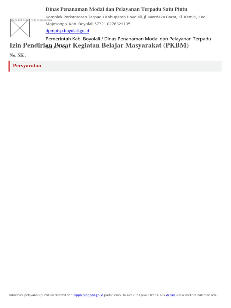 Standar Pelayanan - Izin Pendirian Pusat Kegiatan Belajar Masyarakat (PKBM) | PDF