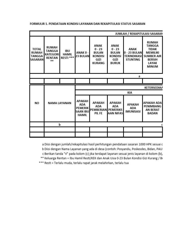 Form 1 Pendataan Kondisi Layanan Dan Rekap Status Sasaran | PDF