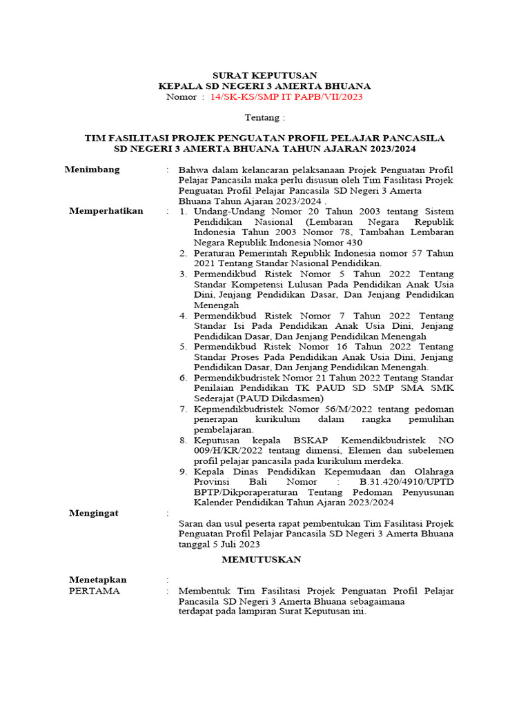 SK Tim Fasilitasi Projek Profil Pelajar Pancasila (P5) | PDF | Karier ...