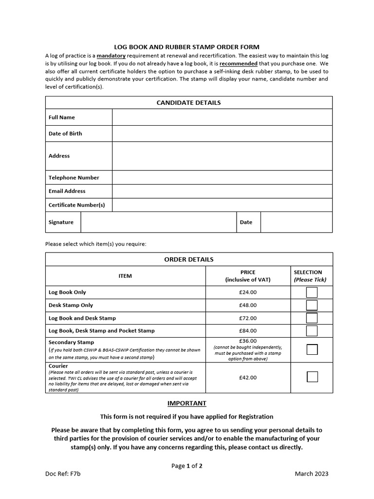CSWIP Log Book and Stamp Order Form | PDF | Payments | Wire Transfer
