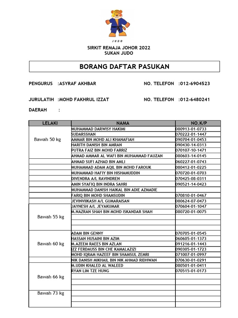 Borang Pendaftaran Atlet SRJ 2022 | PDF