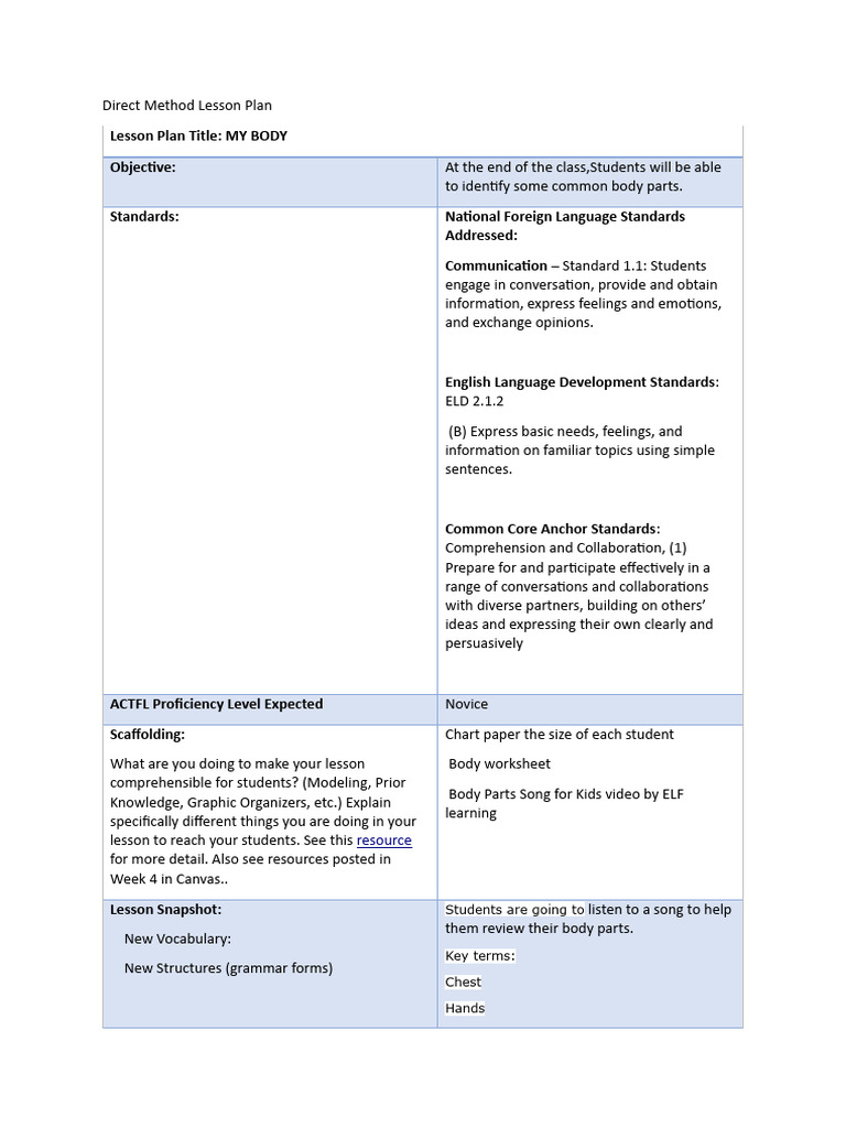 Direct Method Lesson Plan 4.302 | PDF | Educational Assessment | Human ...