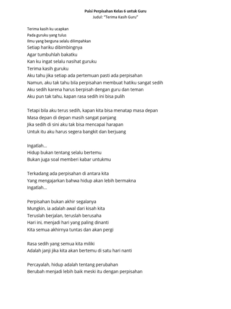 Puisi Perpisahan Kelas 6 Untuk Guru | PDF