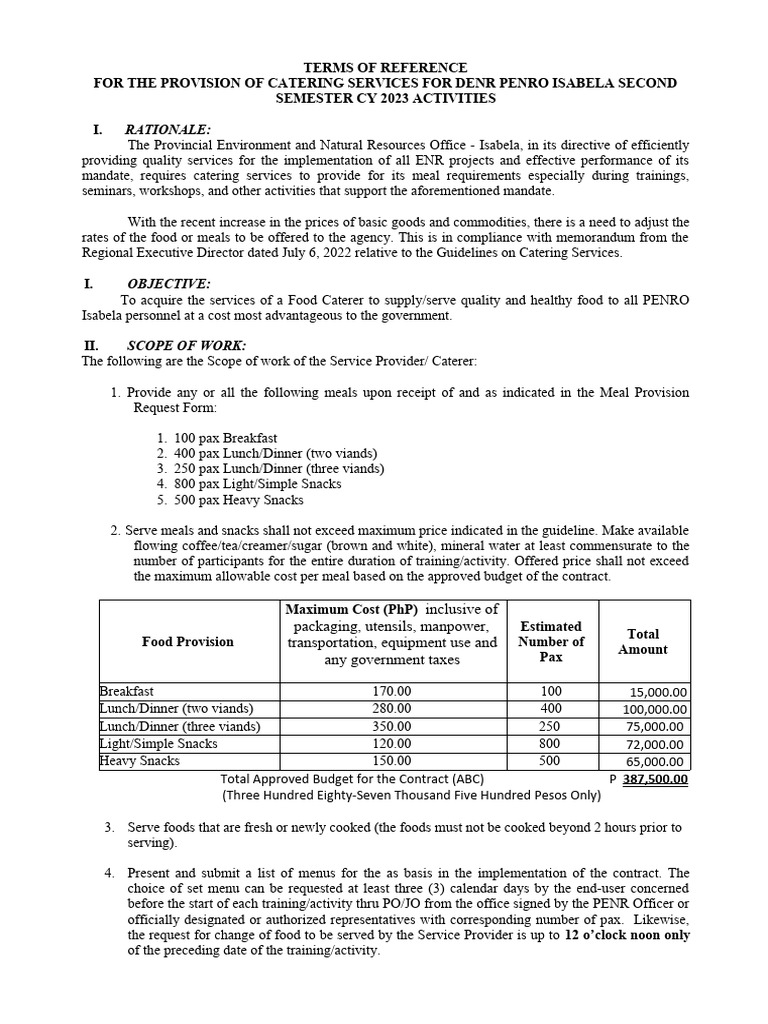 TERMS OF REFERENCE Catering Services 2nd Semester | PDF | Meal | Tableware