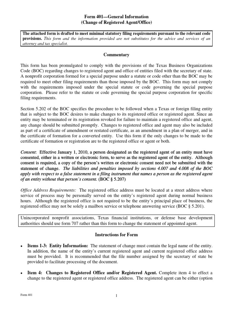 Texas Form 401: Change Registered Agent | PDF | Registered Agent | Visa ...