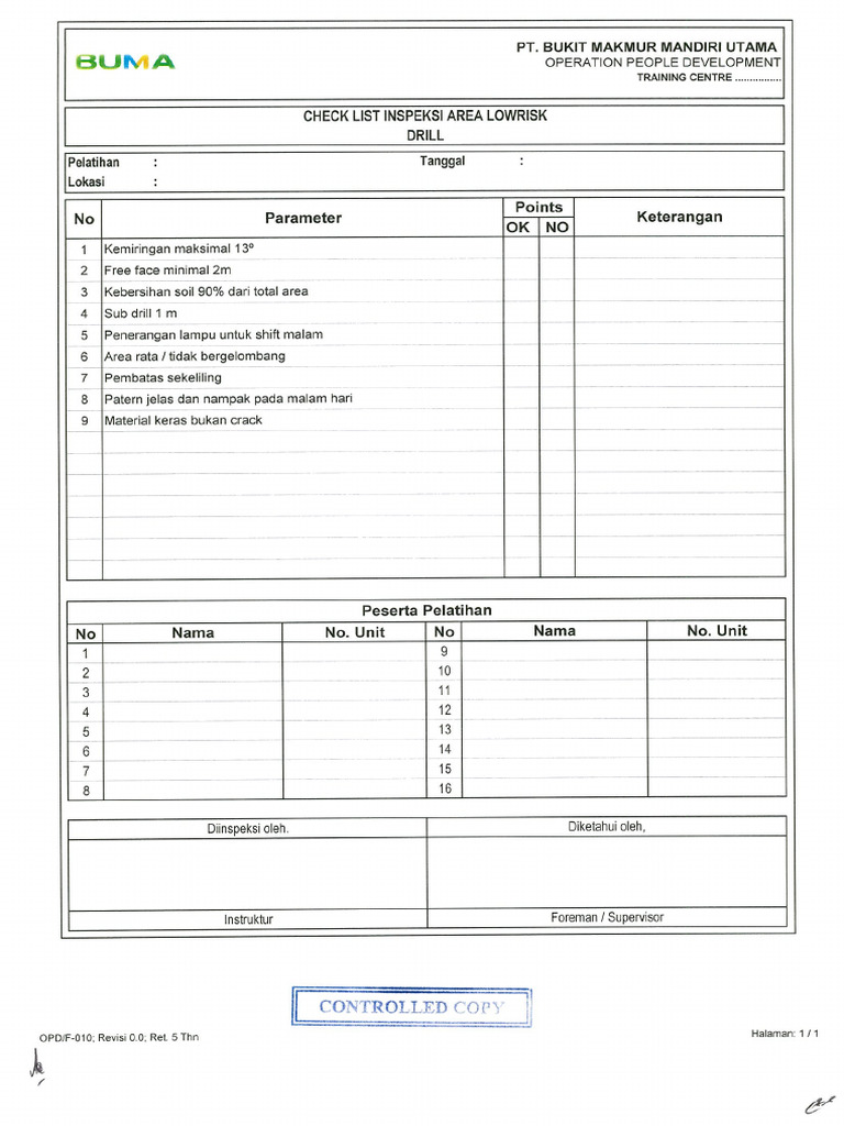 F-010 - OPD Revisi 0.0 Ret. 5 THN - Form Checklist Inspeksi Area ...