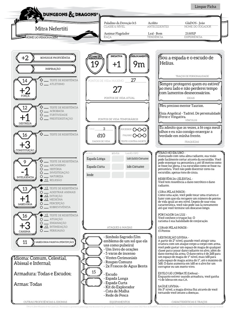 Mitra Nefertiti - Paladino - Aasimar | PDF | Sabedoria | Dungeons & Dragons (jogo)