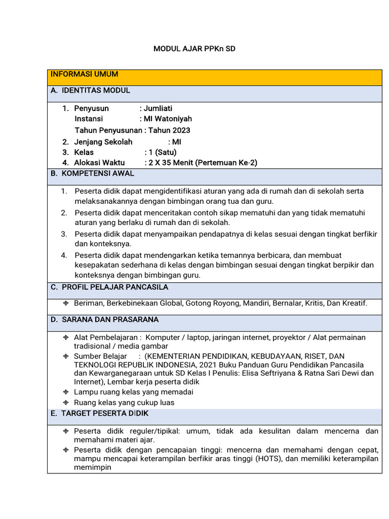 MODUL AJAR PPKN SD Kelas 1 Pembelajaran 2 | PDF