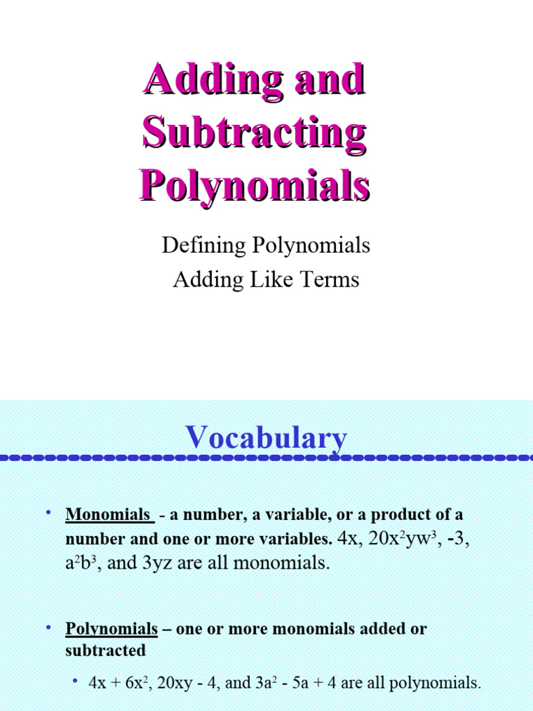 Adding and Subtracting Polynomials | PDF | Polynomial | Variable (Mathematics)