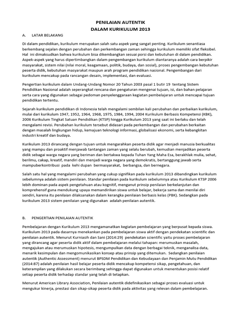 Penilaian Autentik Dalam Kurikulum 2013 | PDF