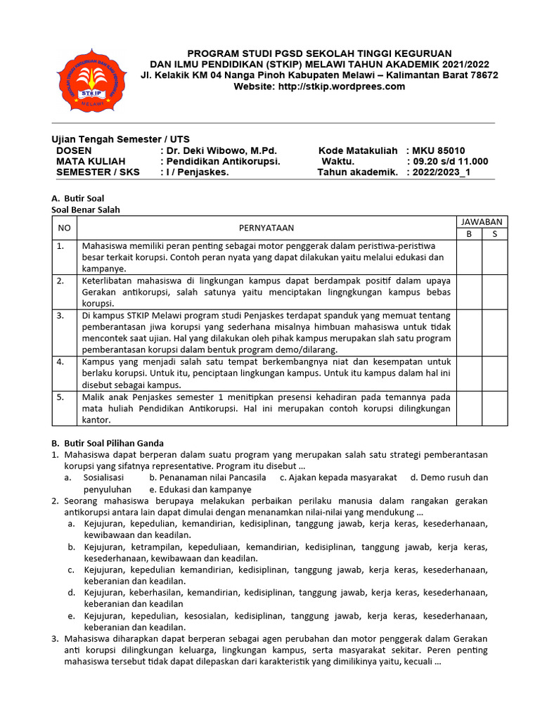 Soal Pendidikan Antikorupsi 2022 - 1 | PDF | Kesehatan Holistik