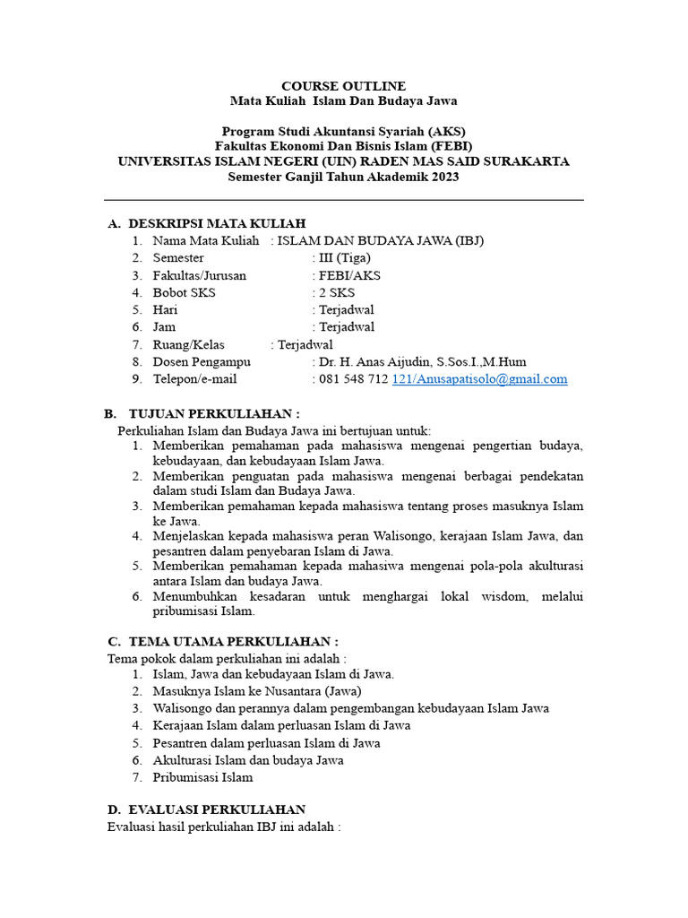 Course Outline Mata Kuliah 2023 IBJ | PDF