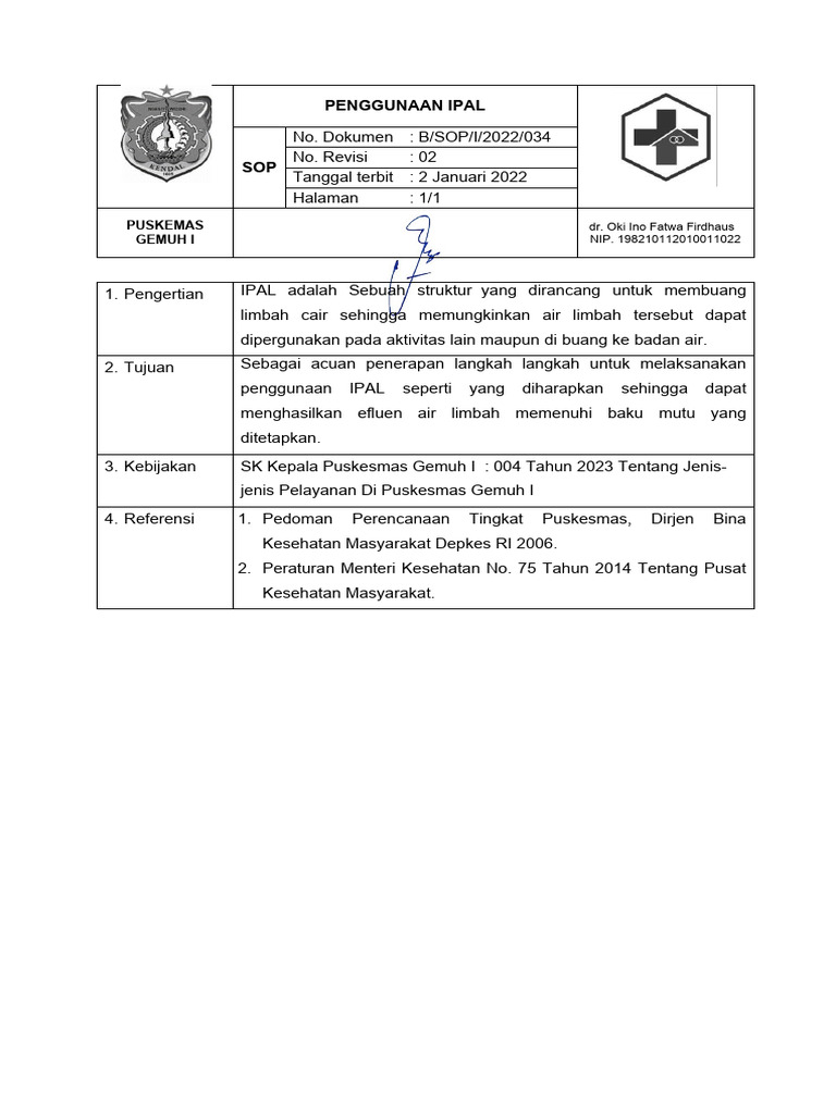 34. Sop Penggunaan Ipal | PDF