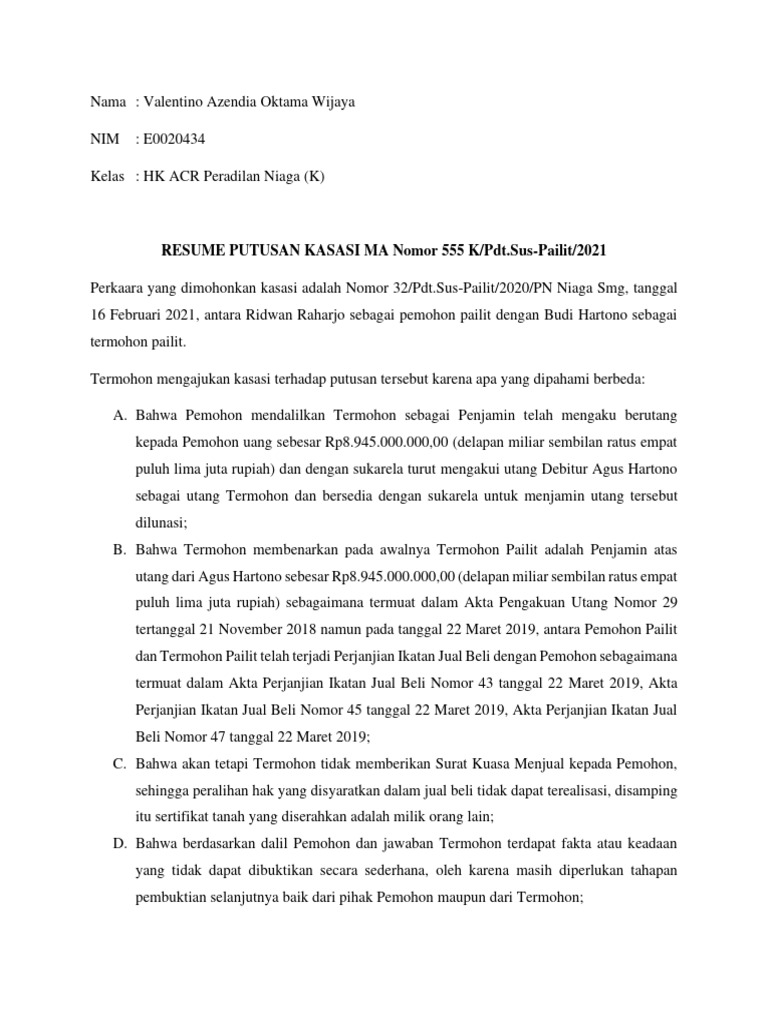 Valentino Azendia Oktama Wijaya - E0020434 - Tugas Resume Putusan | PDF ...