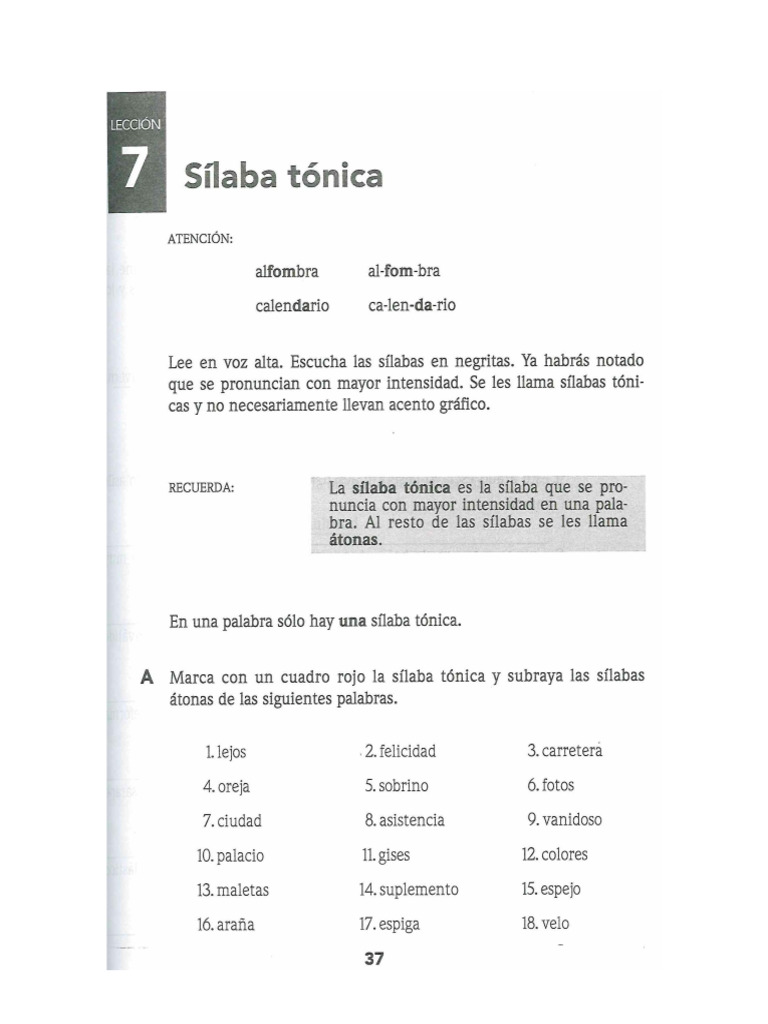 EJERCICIO 1 37-39 Ejercicio Sílaba Tónica LECCION 7 | PDF