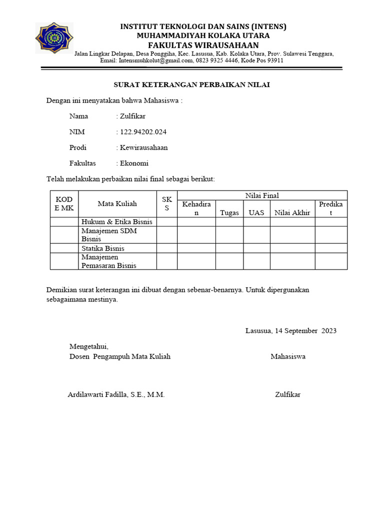 Surat Perbaikan Nilai Zulfikar | PDF
