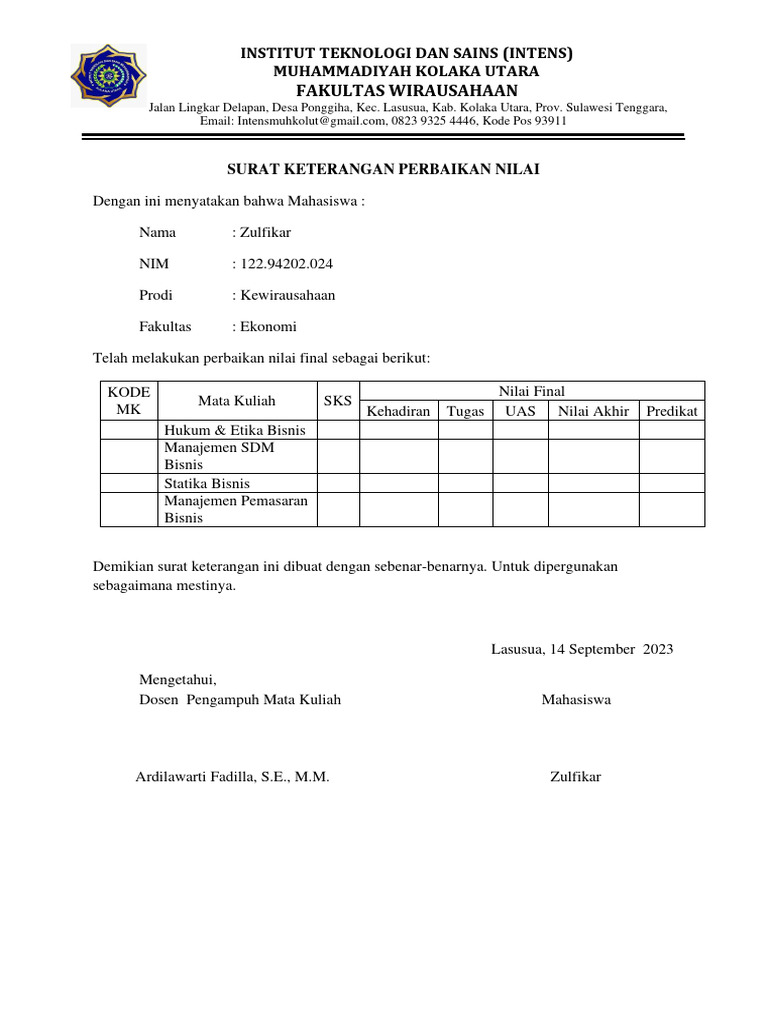 Surat Perbaikan Nilai Zulfikar | PDF