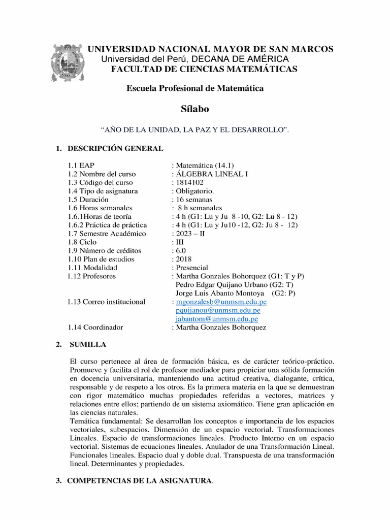 Sílabo Álgebra Lineal I (Sem 2023-II) | PDF Sílabo Álgebra Lineal I (Sem 2023-II) | PDF