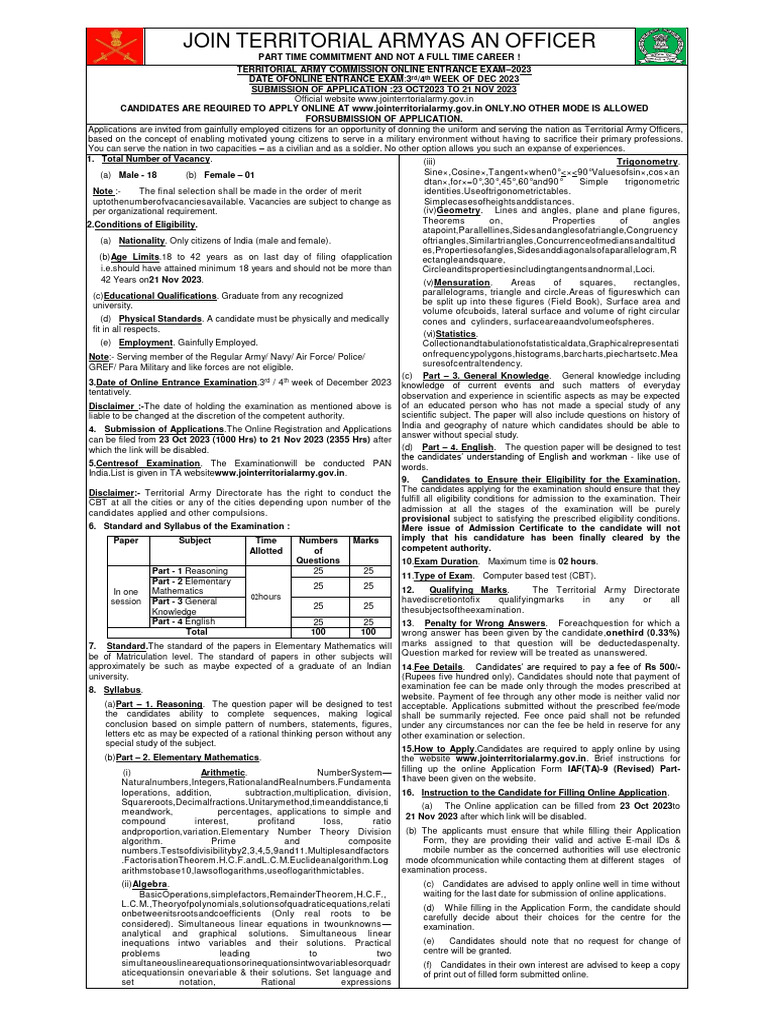 Territoial Army Officers Recruitment 2023 Notification | PDF | Military