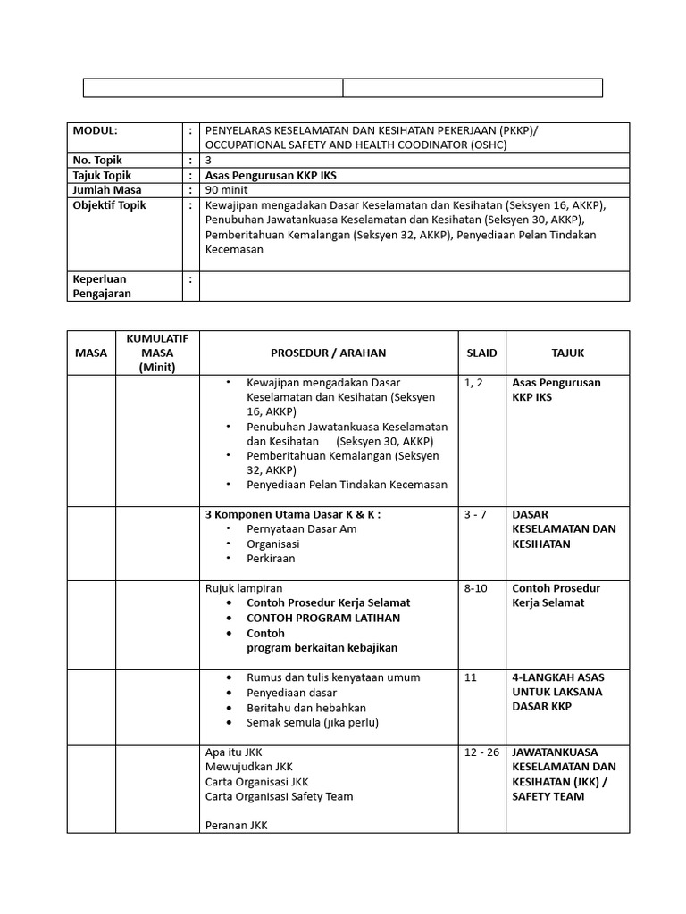 OSH C LESSON PLAN Topik 3 - Asas Pengurusan KKP IKS | PDF