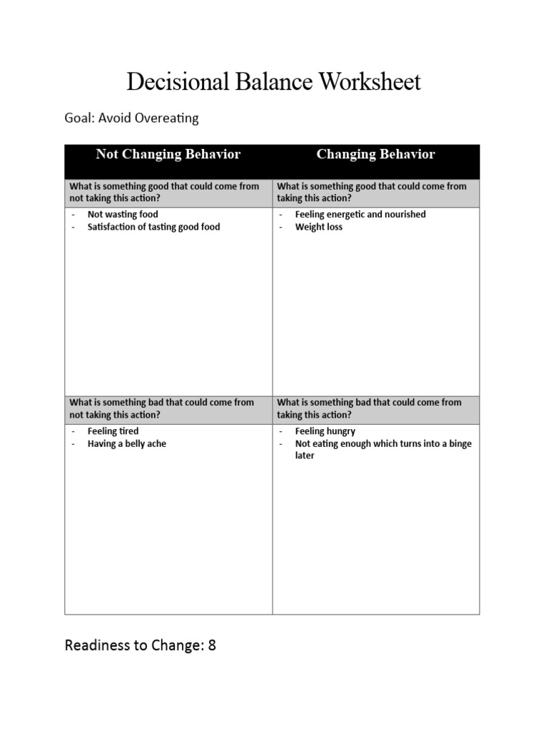 Decisional Balance Scale Worksheet For Kindergarten