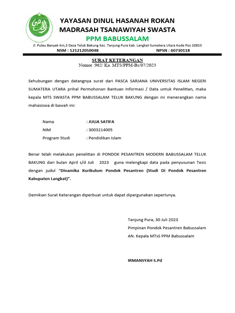 Surat Balasan Penelitian | PDF